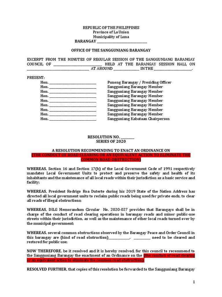 Barangay Resolution Recommends Road Clearing Ordinance | PDF | Policy ...