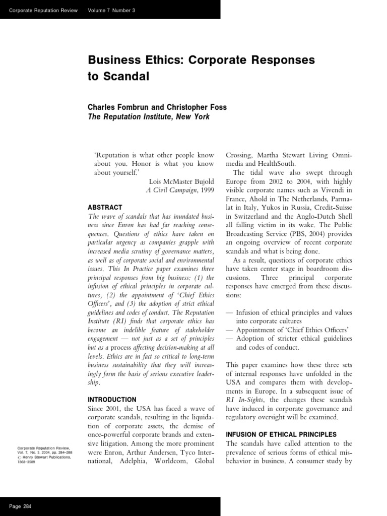 Business Ethics: Corporate Responses To Scandal: Charles Fombrun and ...