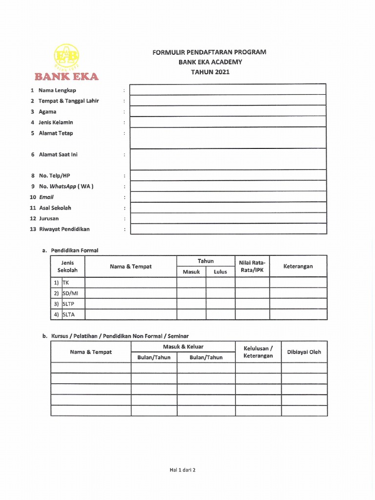 Formulir Bank Eka Academy 2021 | PDF