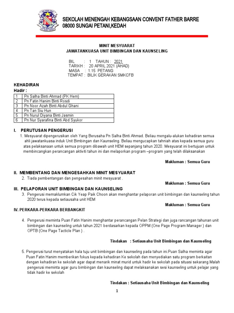 Minit Mesyuarat Unit Hem Bil 1 2021 SMKFCB | PDF
