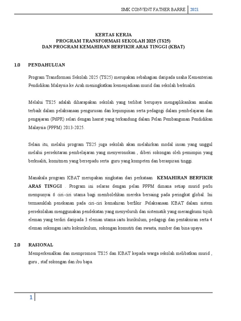 Kertas Kerja Program Transformasi Sekolah 2025 - SMK Convent | PDF