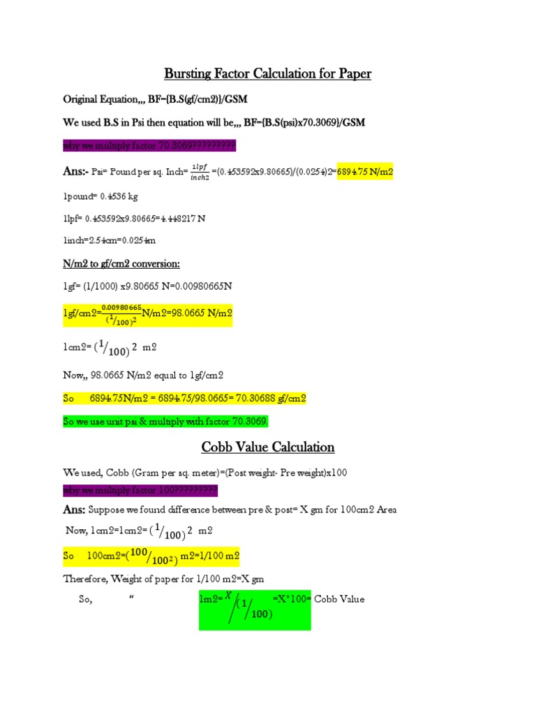 BF, Cobb, GSM Calculation For Paper | PDF