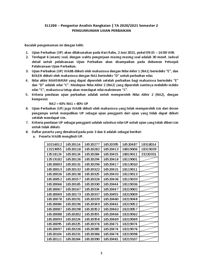 Pengumuman Ujian Perbaikan 2021 | PDF