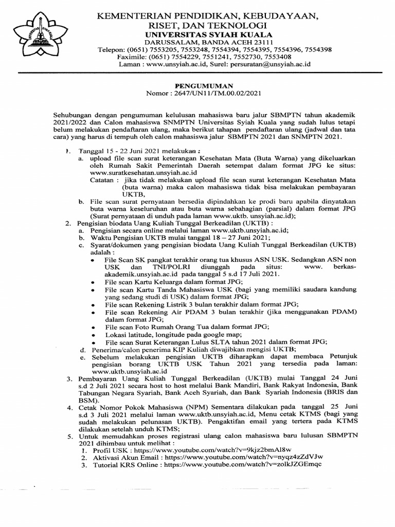 Pengumuman Kelulusan SBMPTN 2021 | PDF