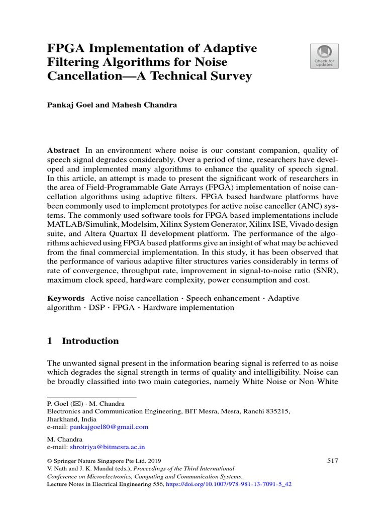 FPGA Implementation of Adaptive Filtering Algorithms For Noise Cancellation-A Technical Survey ...