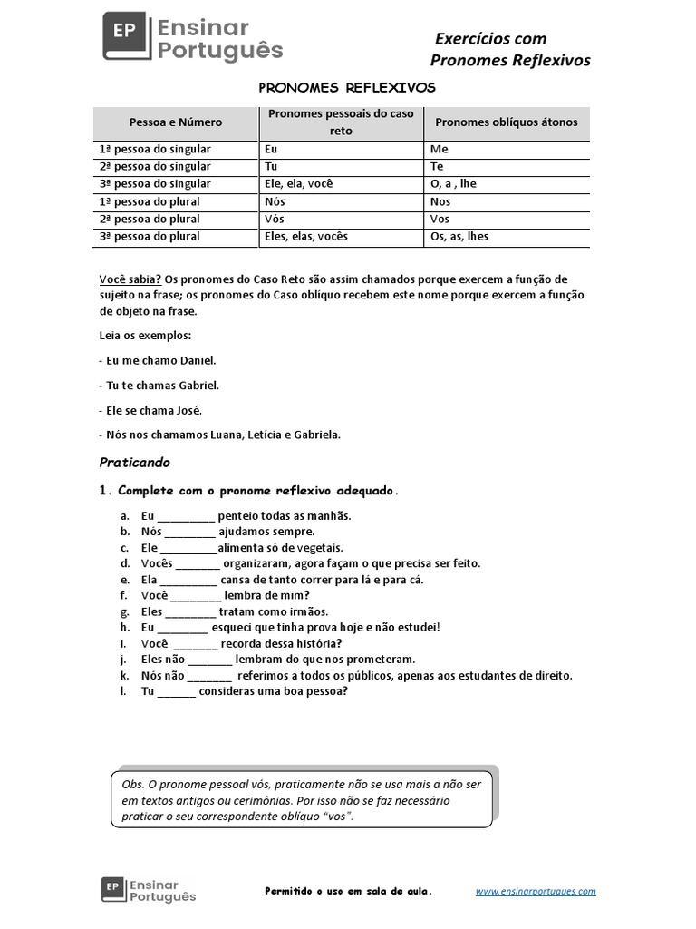 Folha de Exercícios Com Pronomes Reflexivos | PDF | Pronome ...
