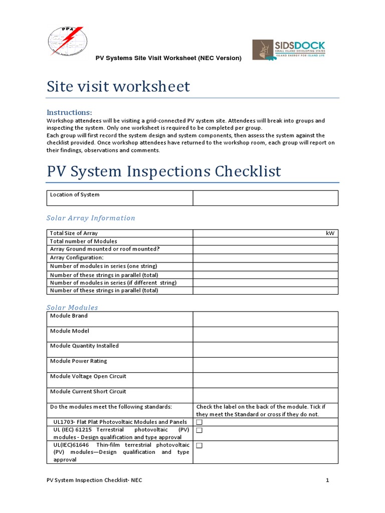 Site Visit Inspection Checklist Based On NEC WF 12 June 2019 | PDF ...
