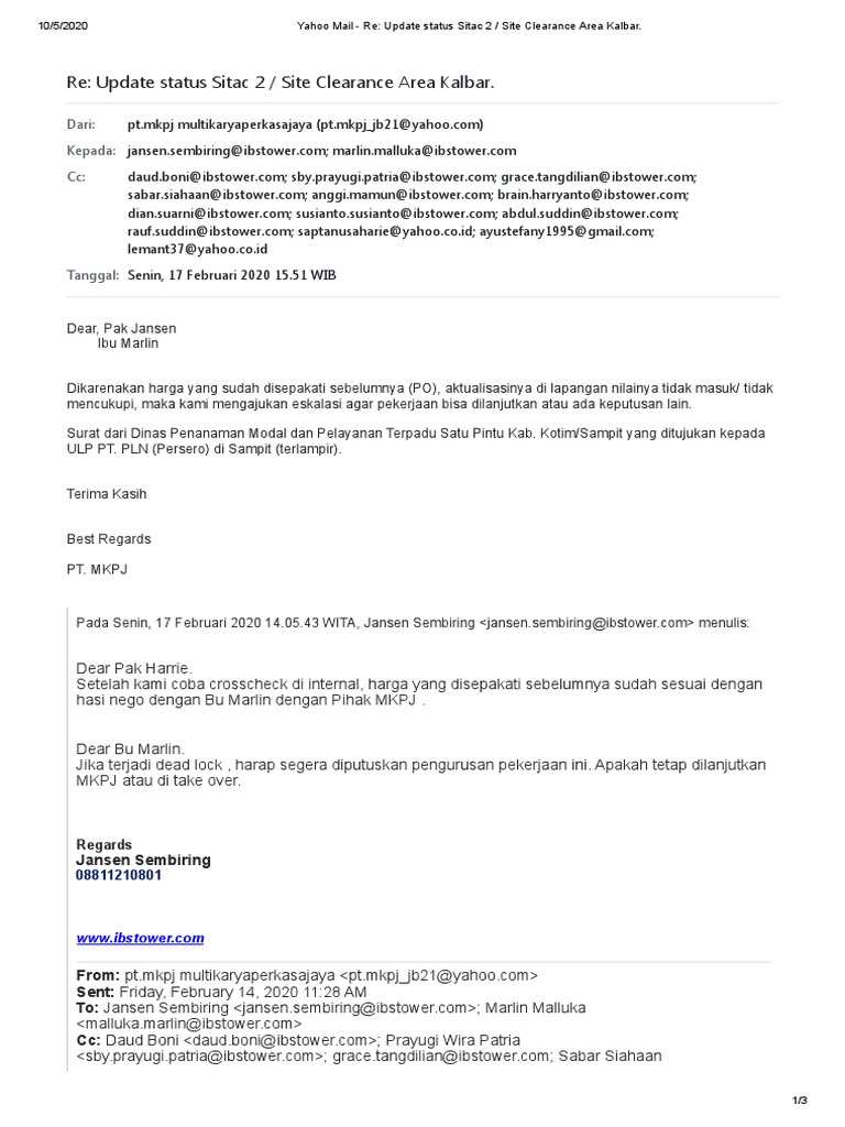 Re: Update Status Sitac 2 / Site Clearance Area Kalbar.: Dari: Kepada: CC | PDF