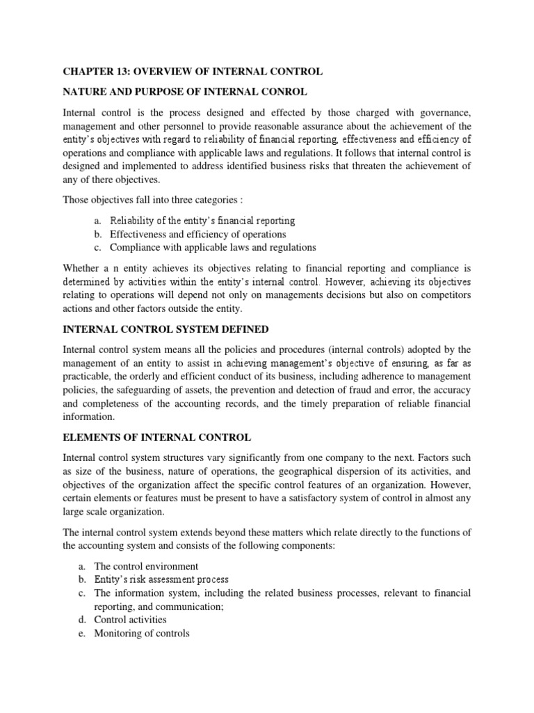 Chapter 13: Overview of Internal Control Nature and Purpose of Internal Conrol | PDF | Internal ...