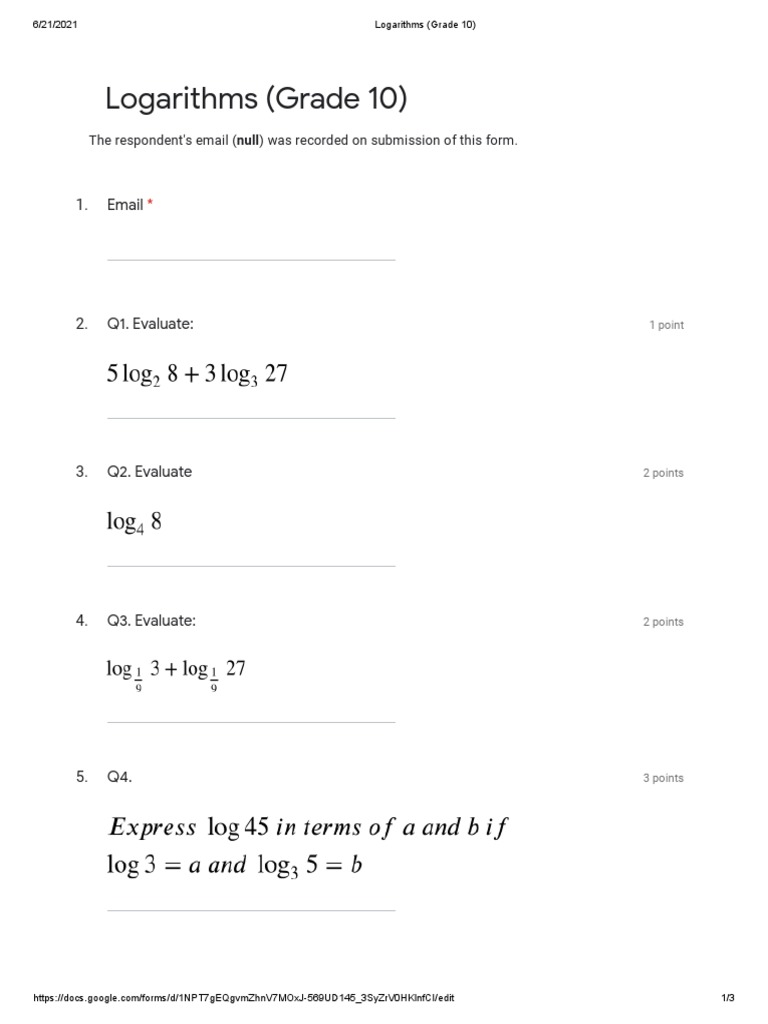 Grade 10 Logarithms Quiz | PDF