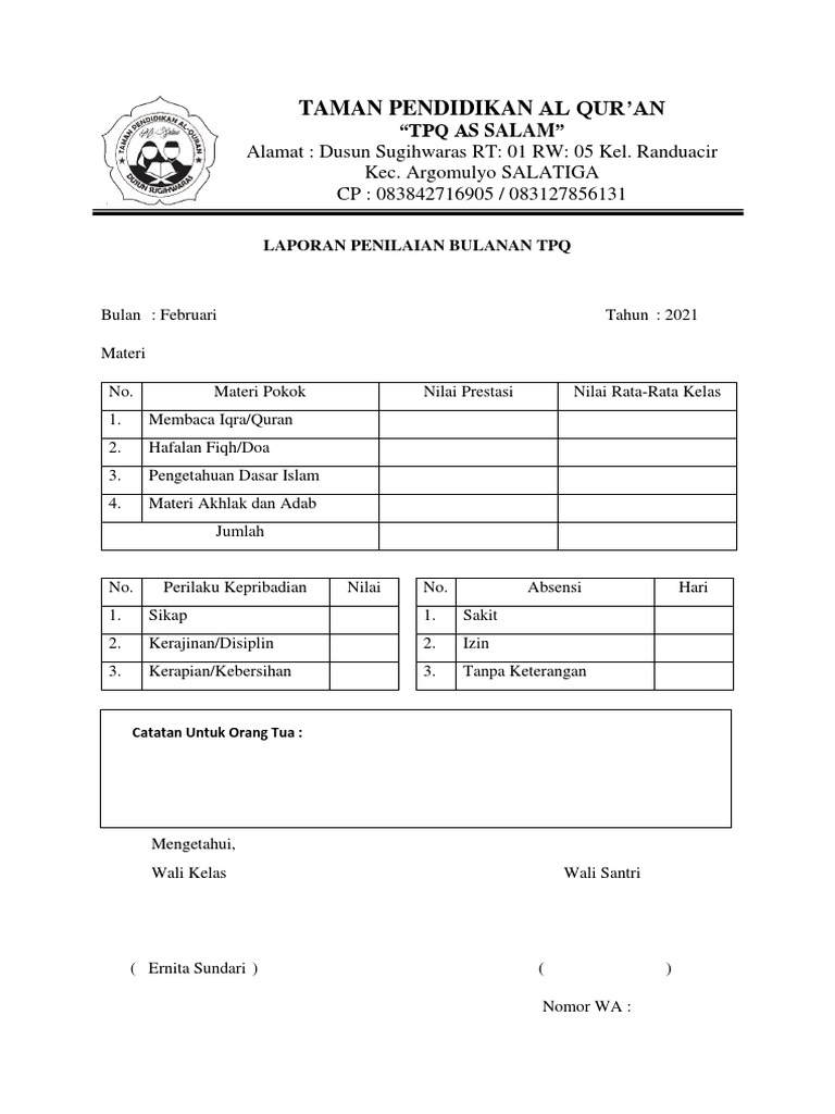 1 Laporan Penilaian TPQ | PDF