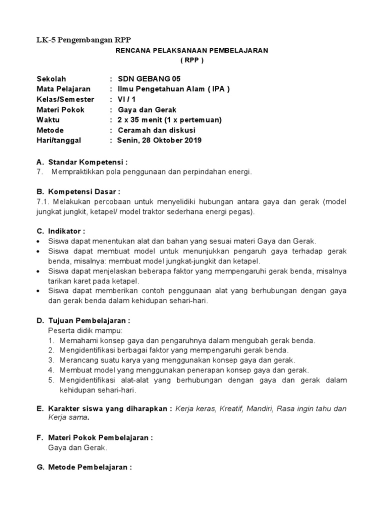 Lk. 5 RPP Ipa Gaya Dan Gerak | PDF | Karier & Perkembangan | Seni