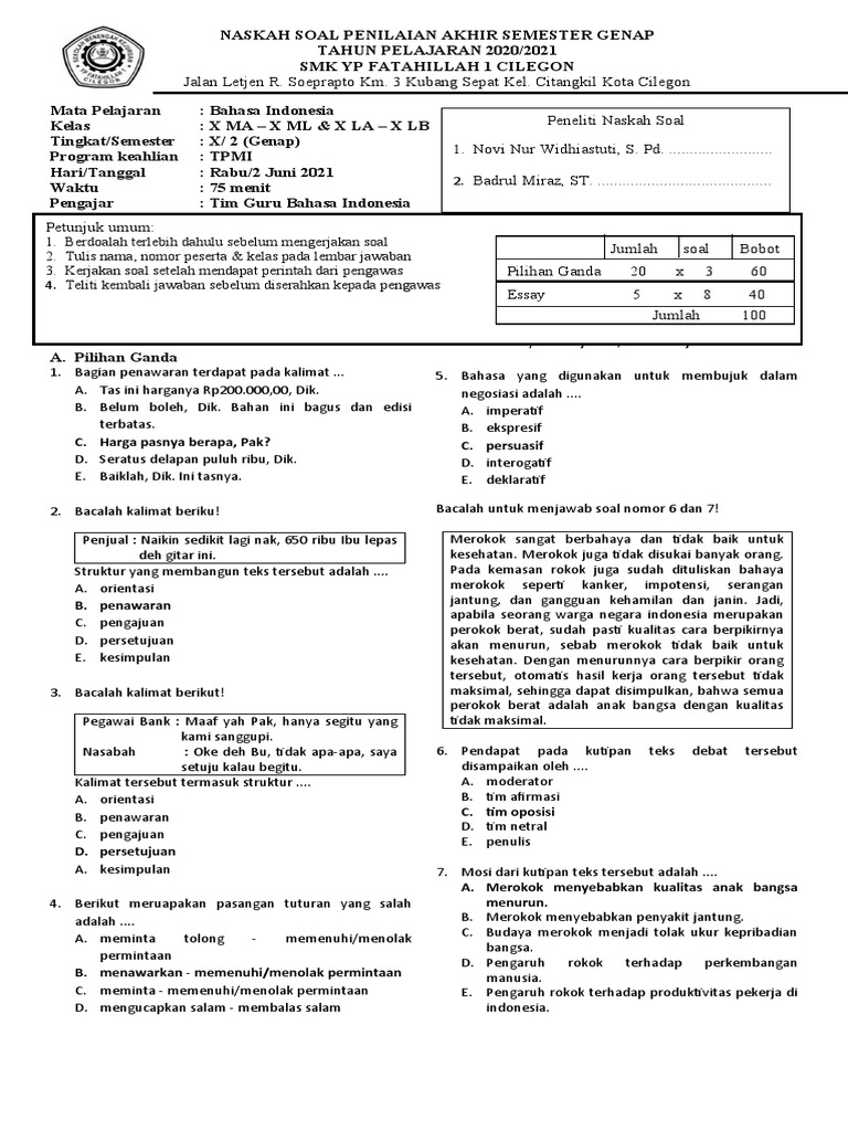 Soal PAS Genap B. Indo X 2021 KUNCI | PDF