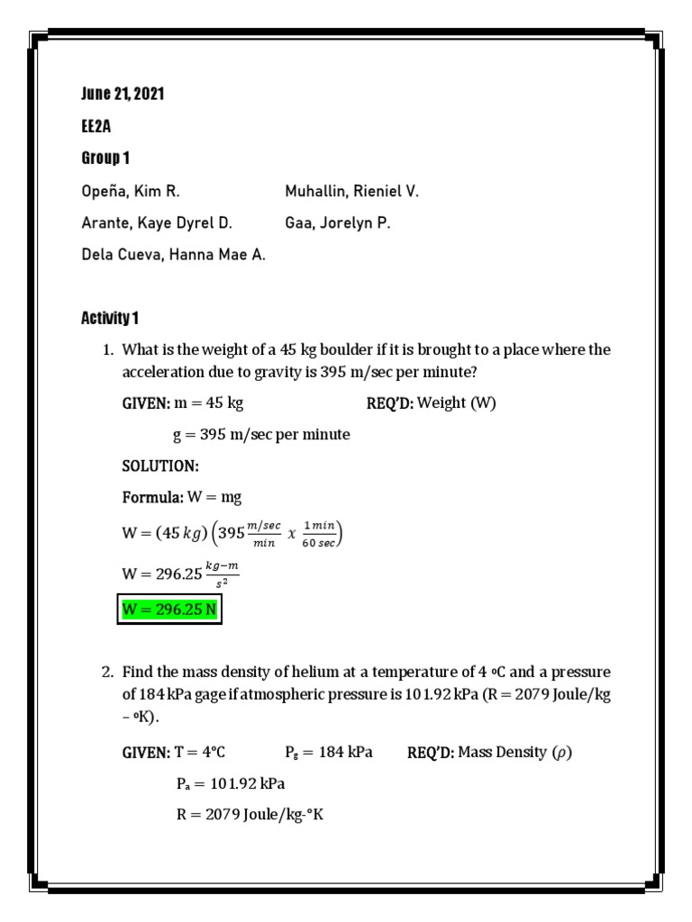 Activity 1 - Group 1 | PDF | Pascal (Unit) | Pressure