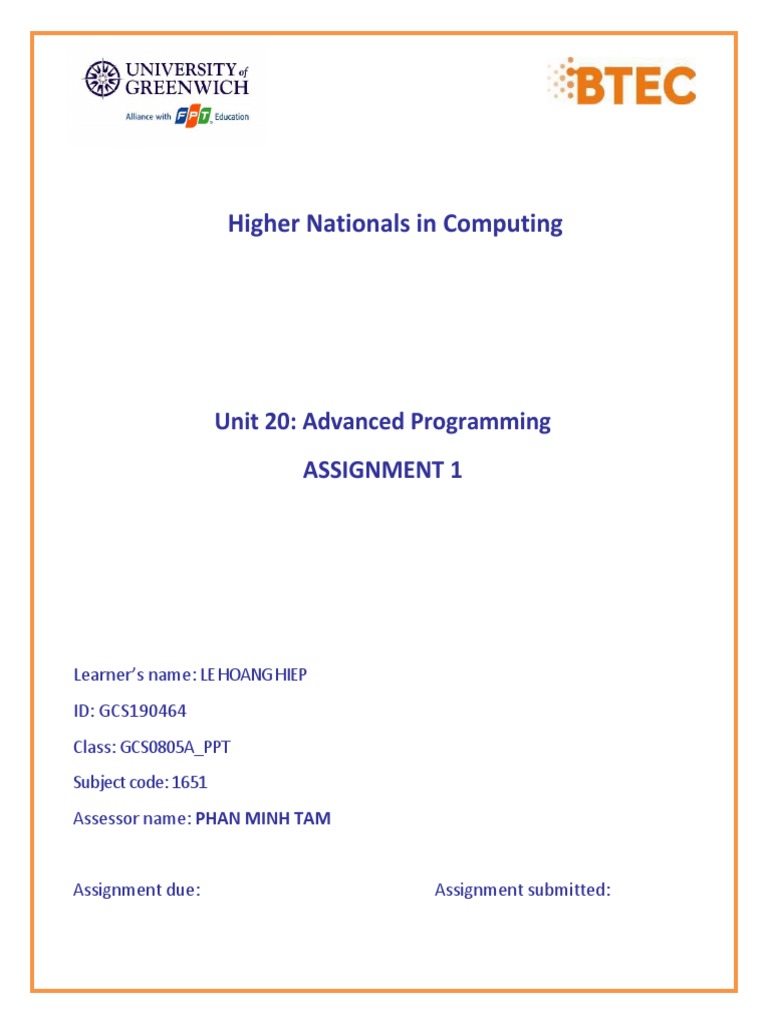 Higher Nationals in Computing: Unit 20: Advanced Programming Assignment 1 | PDF | Class ...