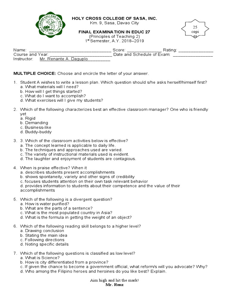 EDUC 27 Final Exam: Teaching Principles | PDF | Teachers | Critical ...