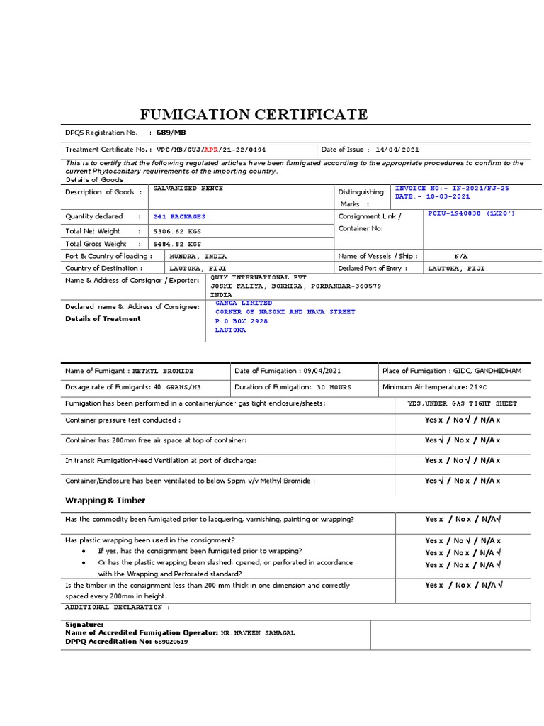 Fumigation Certificate | PDF | Nature | Science