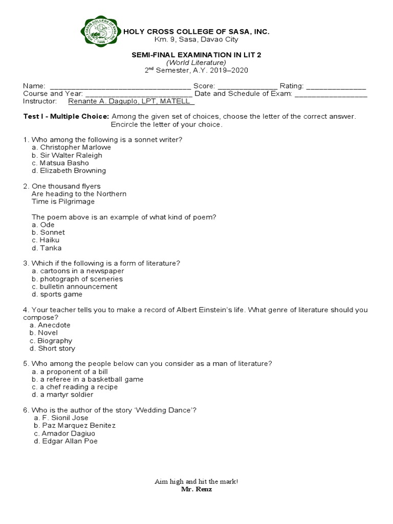 Lit 2 Semi-Final Exam Guide | PDF | Poetry | Writing