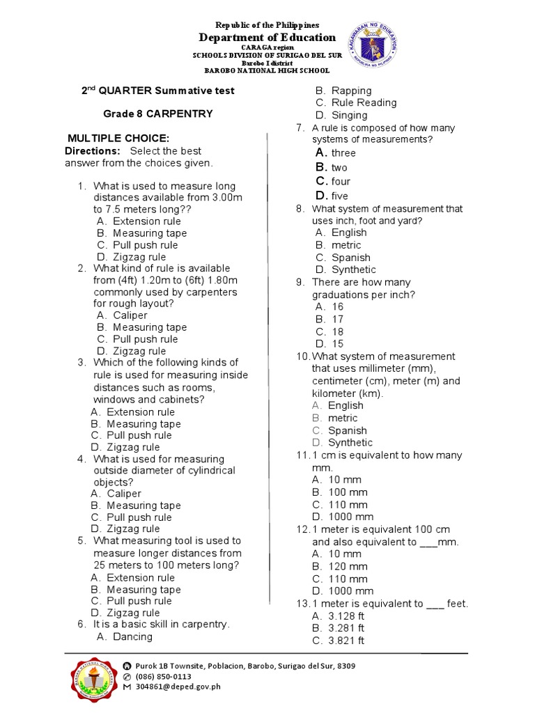 Department of Education: 2 QUARTER Summative Test Grade 8 Carpentry ...
