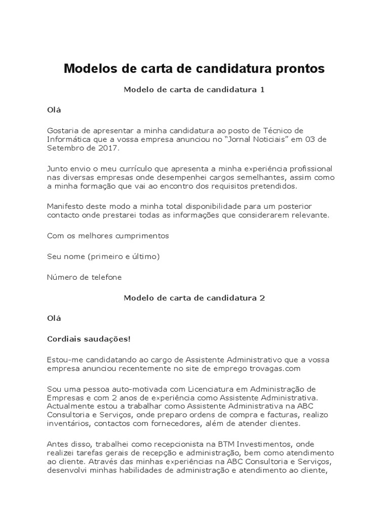Modelos de cartas de candidatura para diferentes cargos e setores | PDF ...