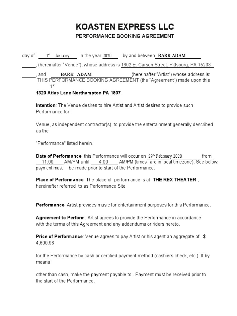 Performance Booking Agent Contract Form | PDF | Arbitration | Civil Law ...