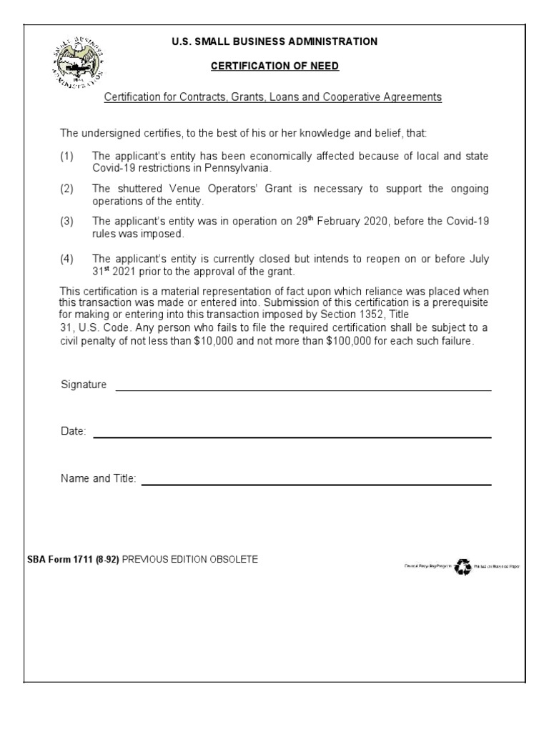 U.S. Small Business Administration Certification of Need: Sba Form 1711 ...