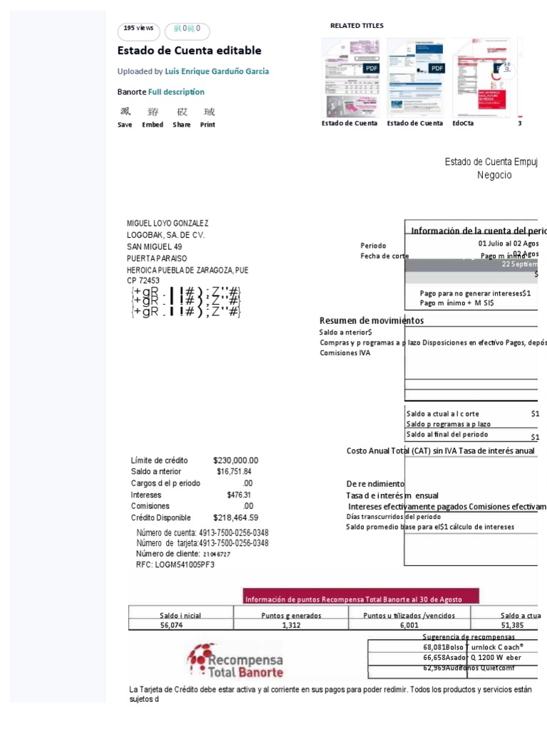 Pdf Estado De Cuenta Editable Pdf Tarjeta De Crédito Bancario