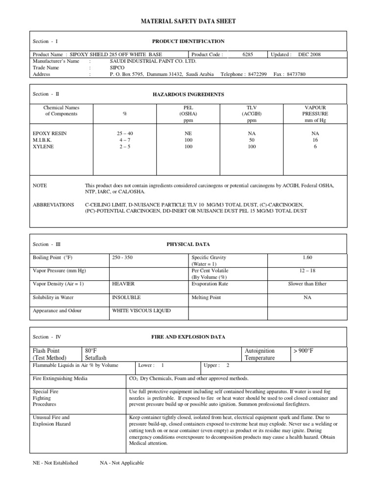 Material Safety Data Sheet for Sipoxy Shield 285 Epoxy Coating | PDF ...
