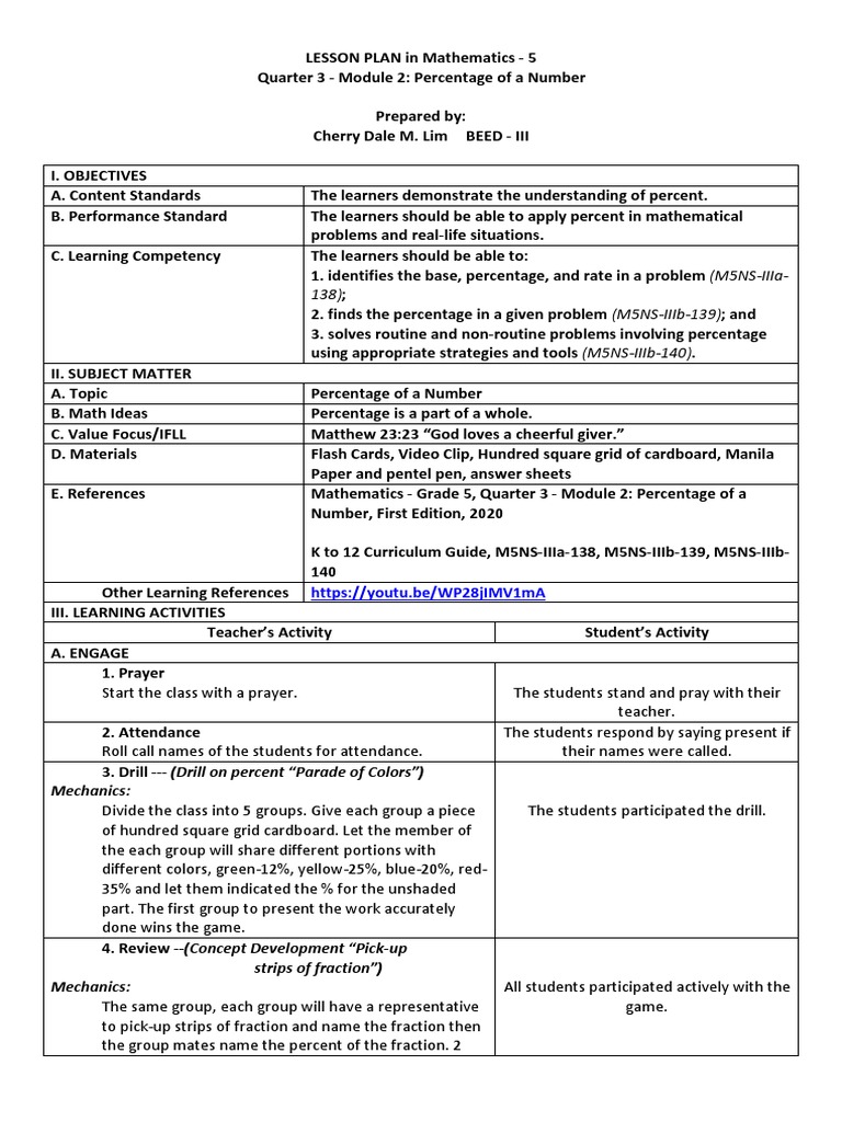 LESSON PLAN in Mathematics-5 | PDF | Percentage | Teaching Mathematics