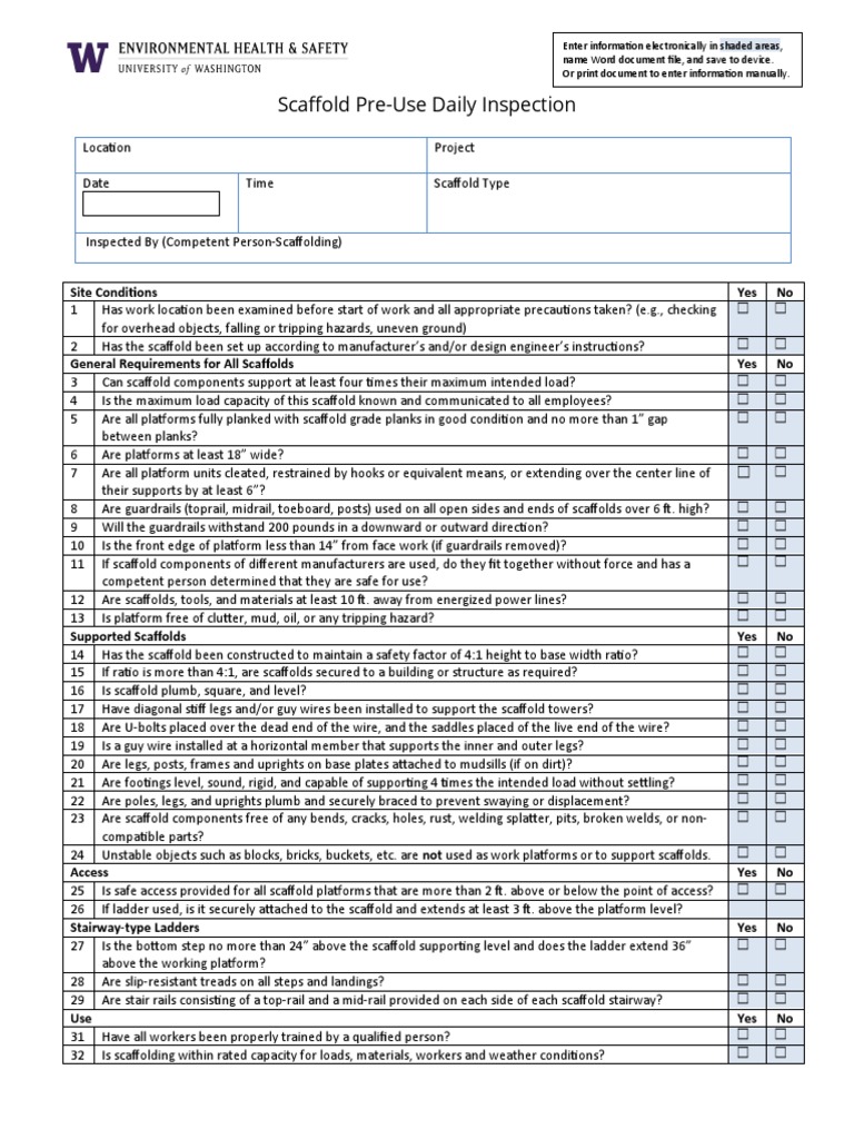 Scaffold Pre Use Daily Inspection Checklist | PDF | Scaffolding | Stairs