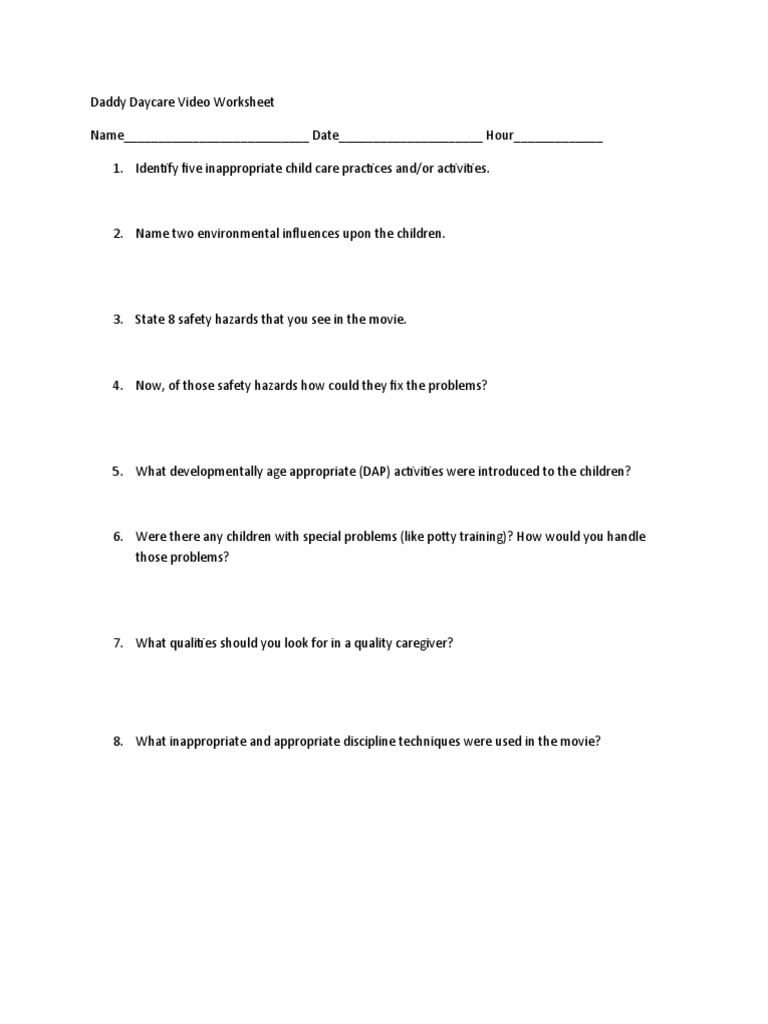 Daddy Daycare Video Worksheet Guide | PDF