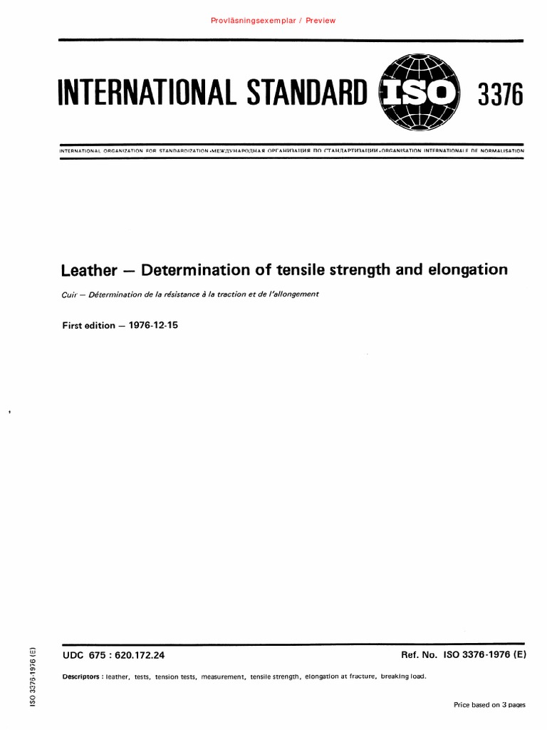 International Standard: Leather - Determination of Tensile Strength and ...