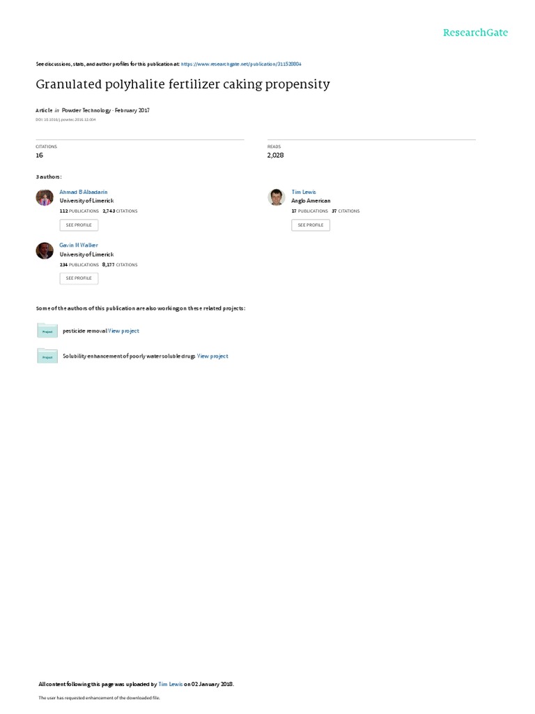 Granulated Polyhalite Fertilizer Caking Propensity: Powder Technology ...