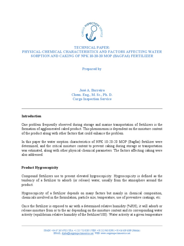 Factors Affecting Water Sorption and Caking of Fertilizers | PDF ...