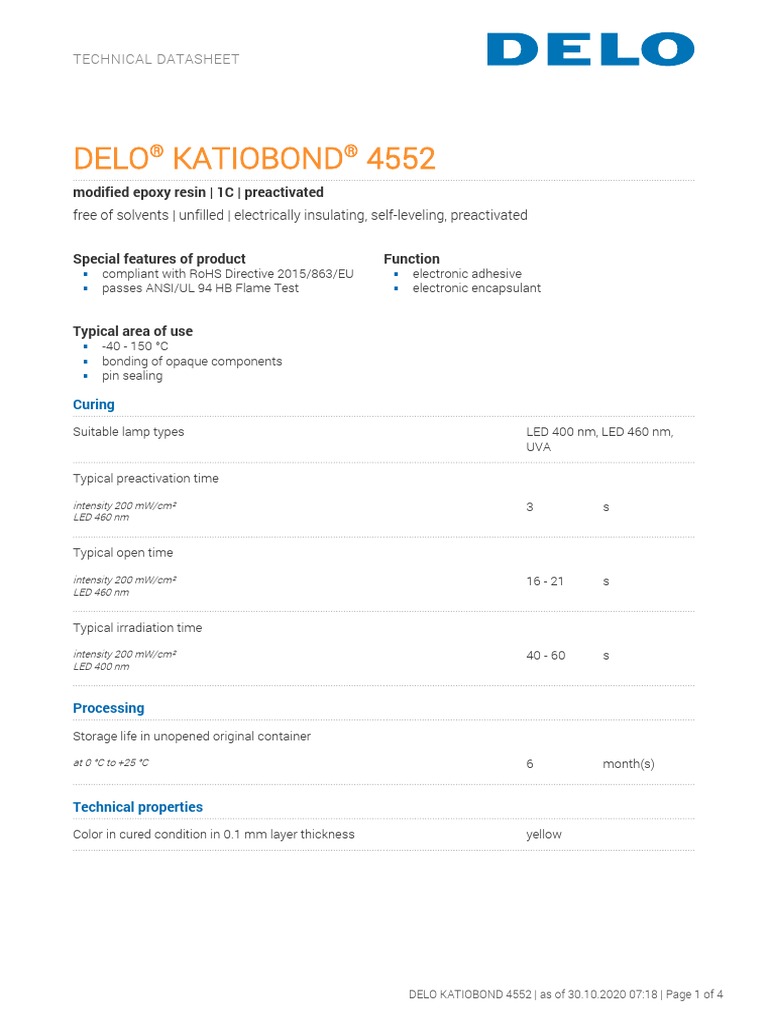 Delo Katiobond 4552: Modified Epoxy Resin - 1C - Preactivated | PDF ...