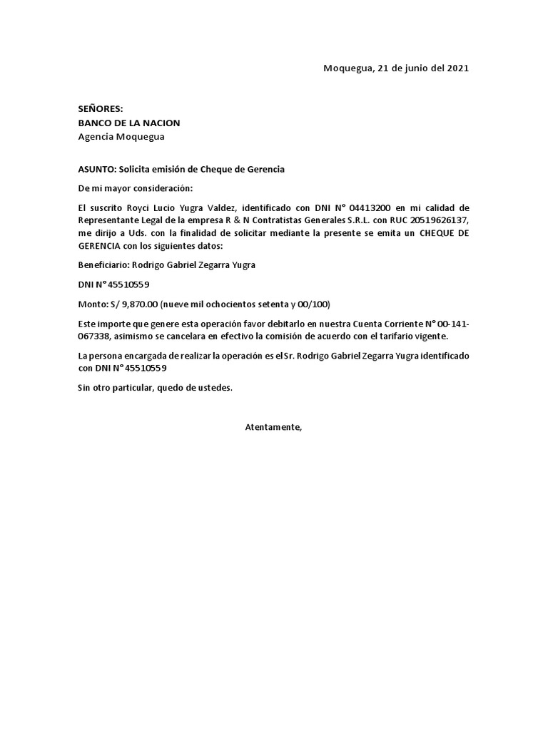 CARTA Cheque de Gerencia | PDF