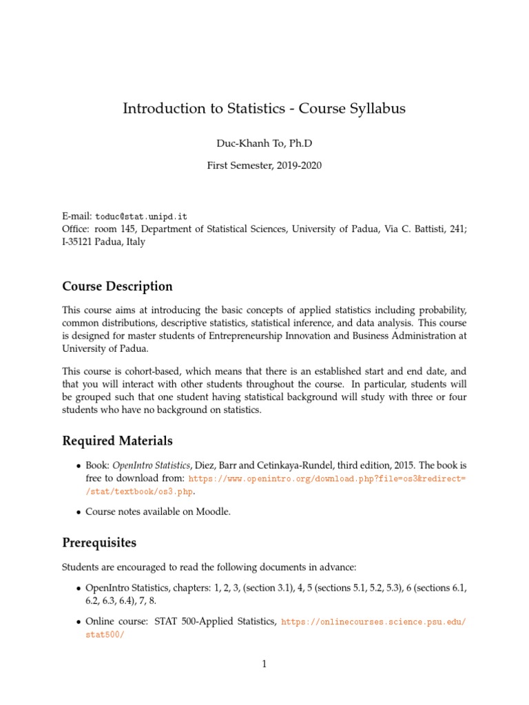 Introduction To Statistics - Course Syllabus | PDF | Student's T Test ...