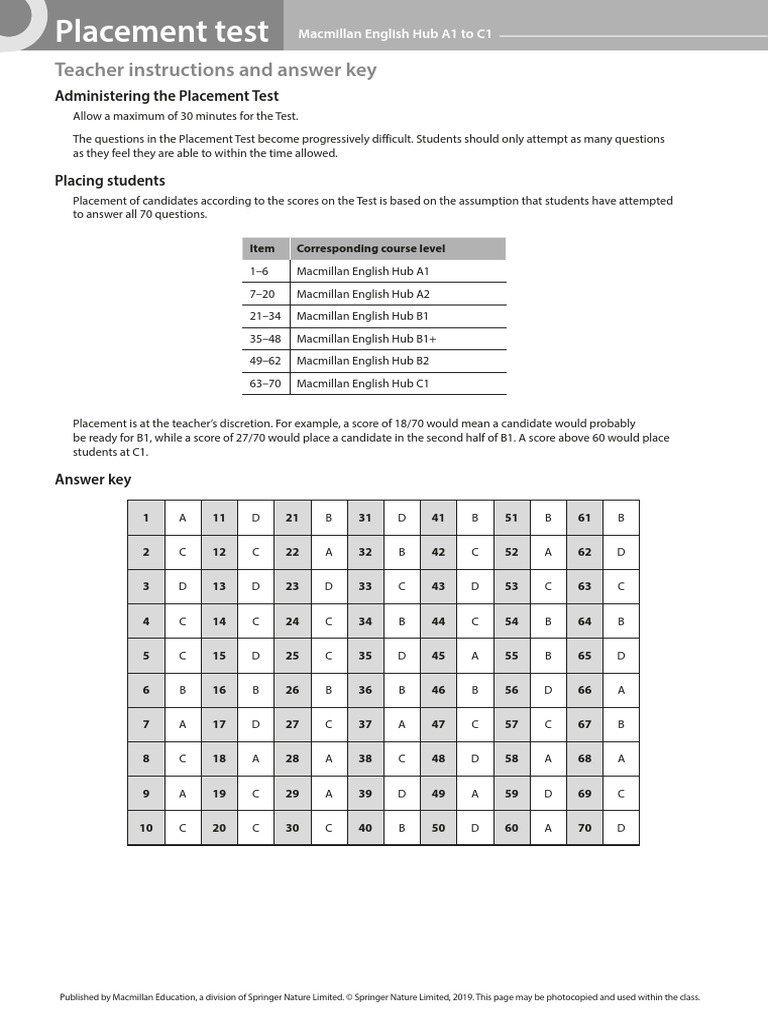 Teacher Instructions and Answer Key: Administering The Placement Test ...