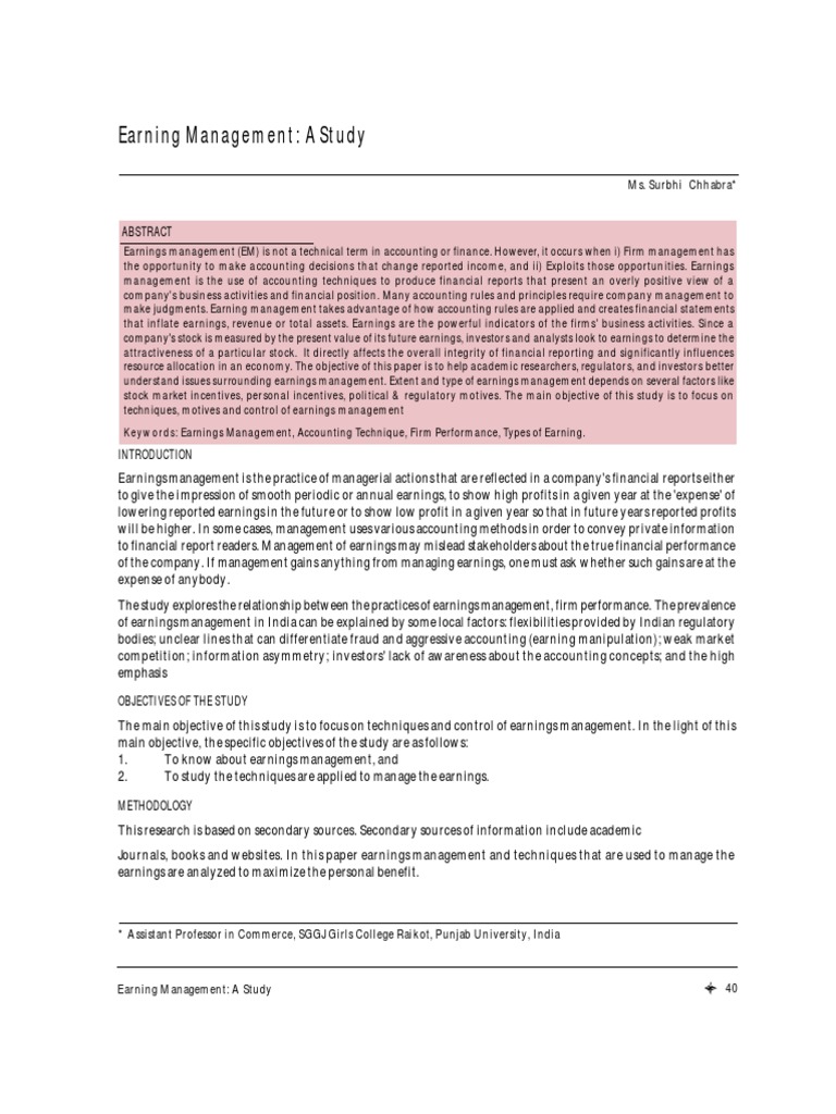 Earning Management A Study A | PDF | Financial Statement | Accounting