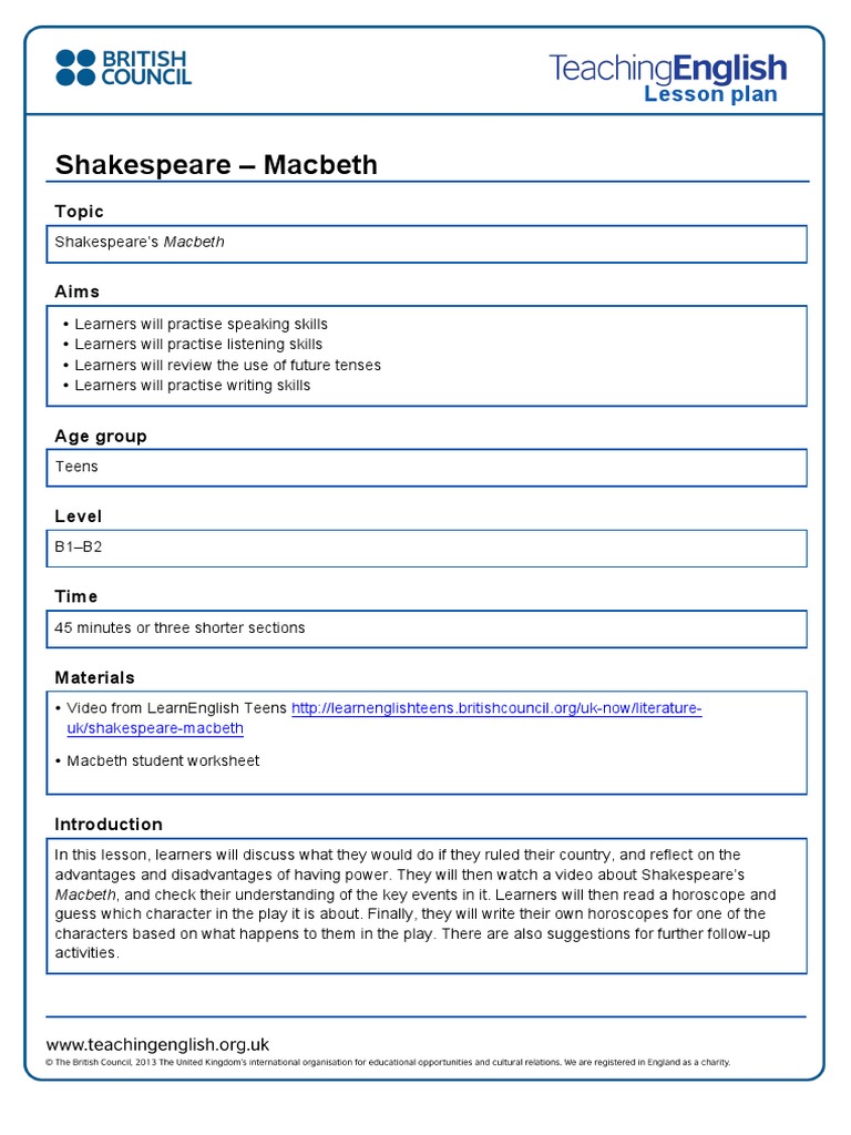 Macbeth Lesson Plan for Teens | PDF | Macbeth | Lesson Plan