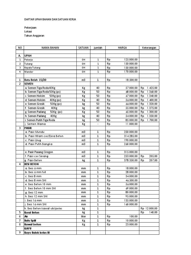 Harga Upah Dan Bahan Material | PDF