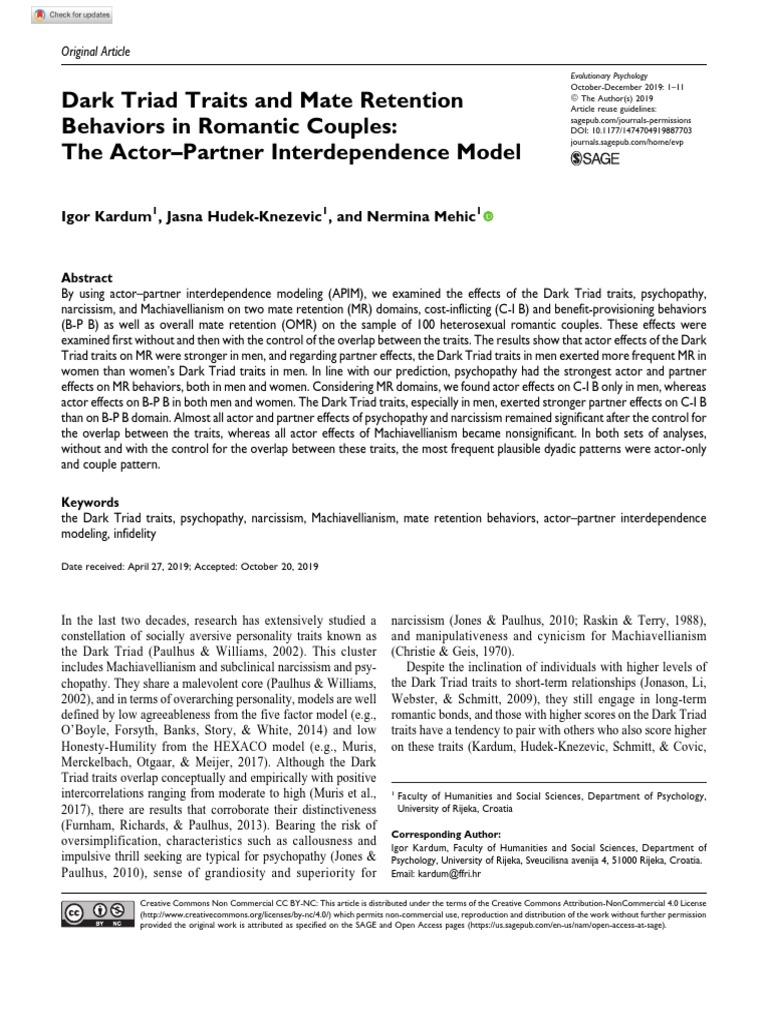 Dark Triad Traits and Mate Retention Behaviors in Romantic Couples: The ...