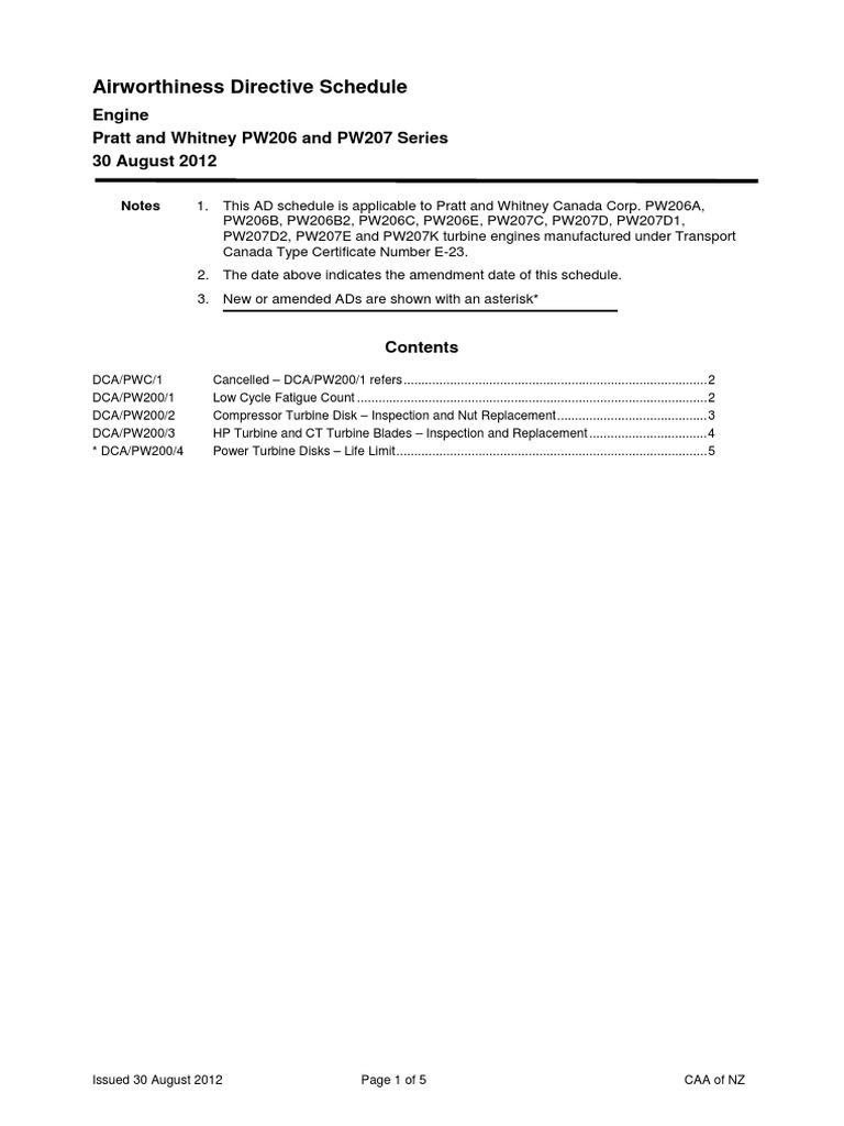 Airworthiness Directive Schedule: Engine Pratt and Whitney PW206 and ...