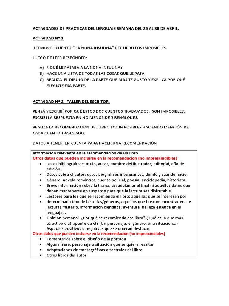 Actividades de Practicas Del Lenguaje Semana Del 26 Al 30 de Abril ...
