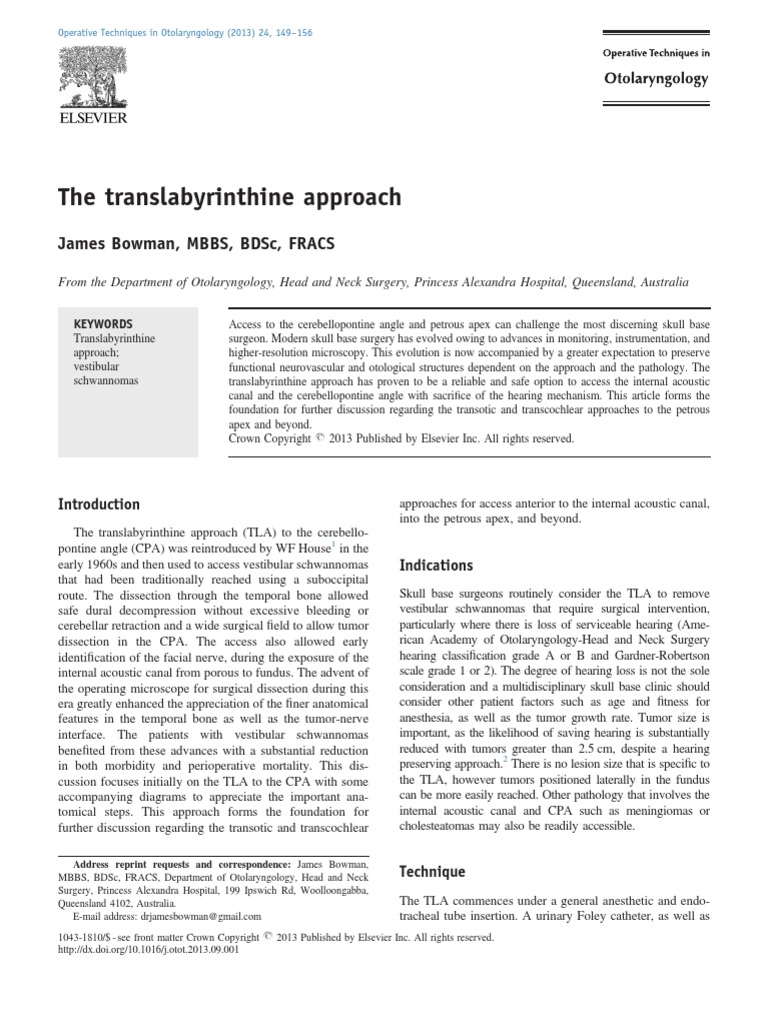 The Translabyrinthine Approach: James Bowman, MBBS, BDSC, Fracs | PDF ...