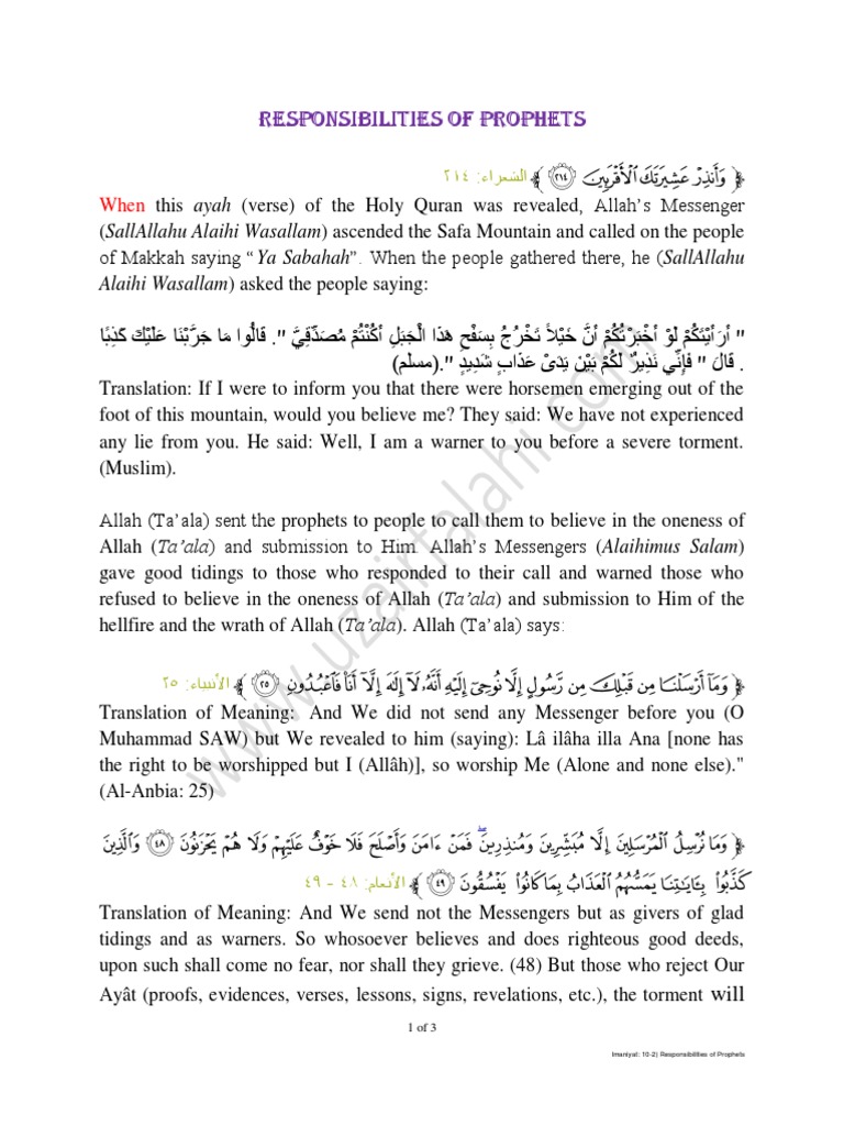 Responsibilities of Prophets: Alaihi Wasallam) Asked The People Saying ...