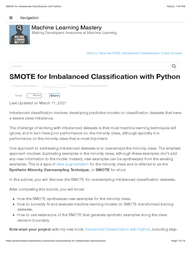 SMOTE For Imbalanced Classification With Python: Navigation | PDF ...
