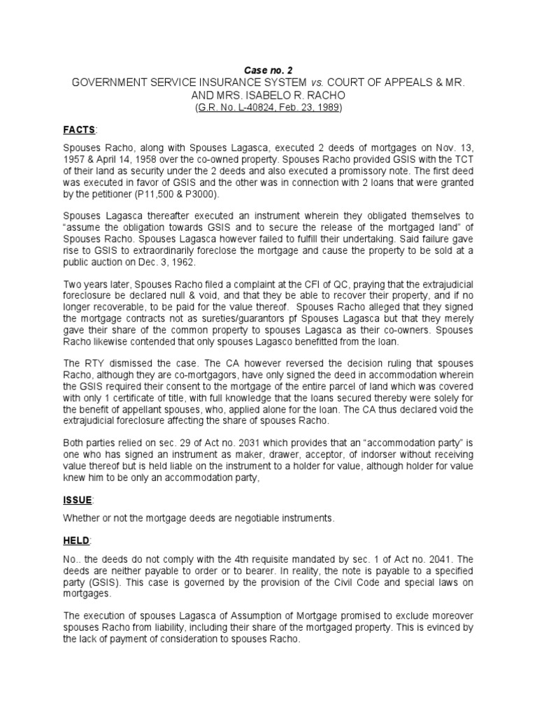 Analysis of a Mortgage Dispute Between the Government Service Insurance ...