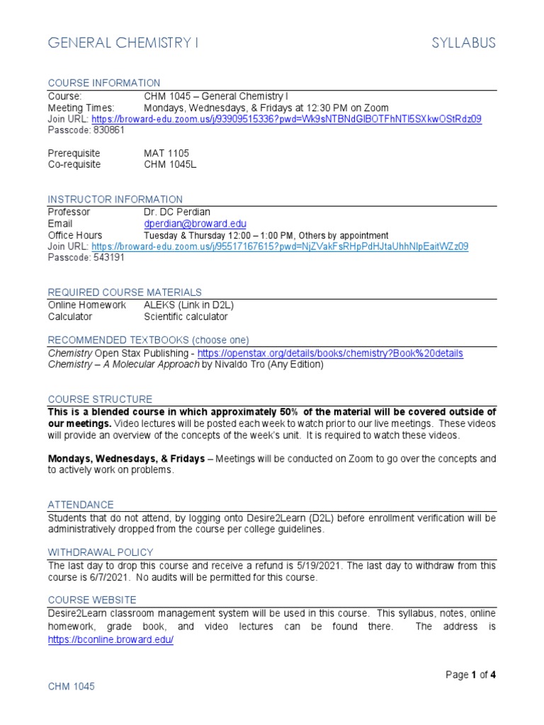 General Chemistry I Syllabus: Course Information | PDF | Tutor | Quiz