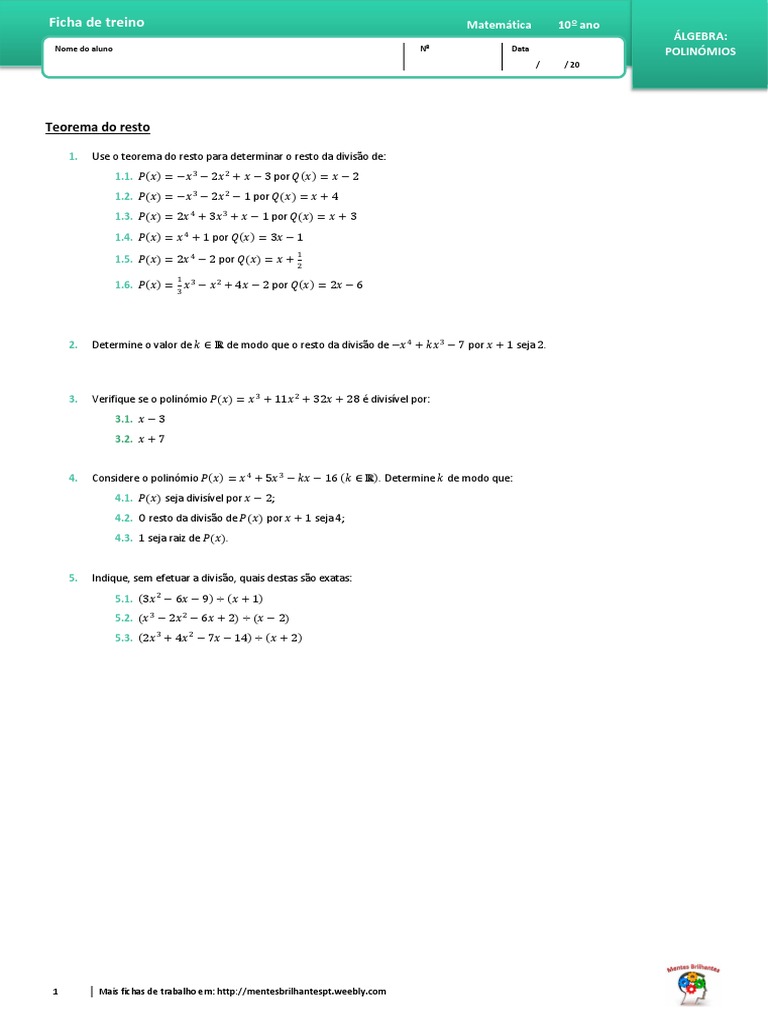 Polinómios - Teorema Do Resto | PDF